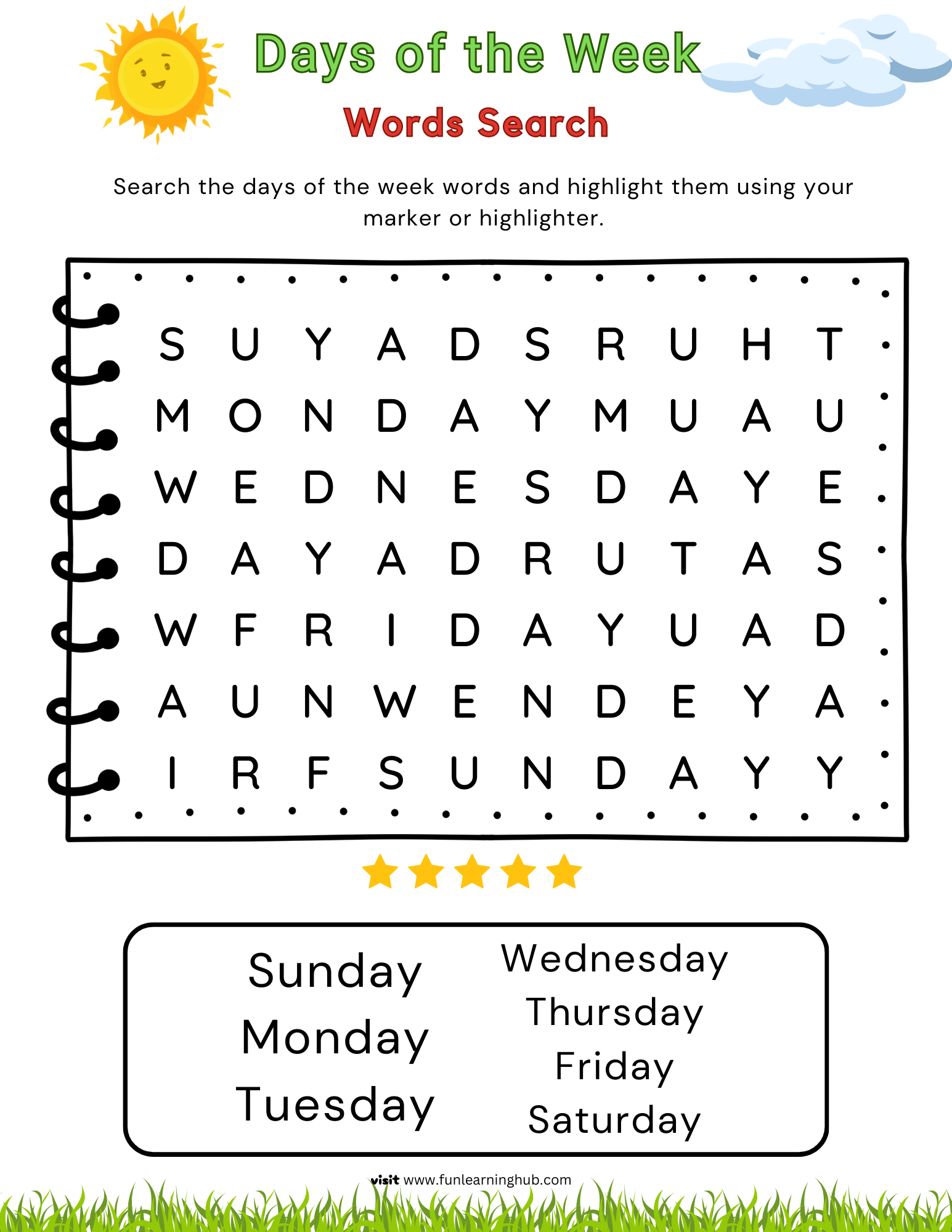 Days of the Week Word Search - Fun Learning Hub