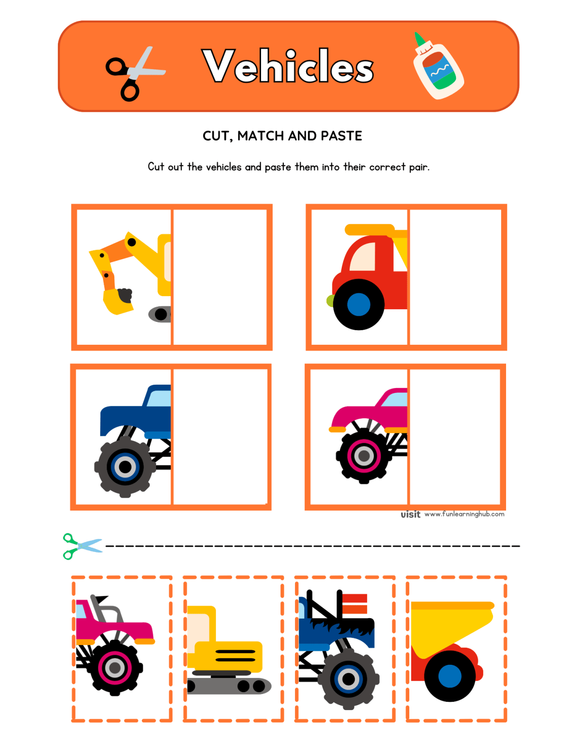 Vehicles Cut and Paste Worksheets - Fun Learning Hub
