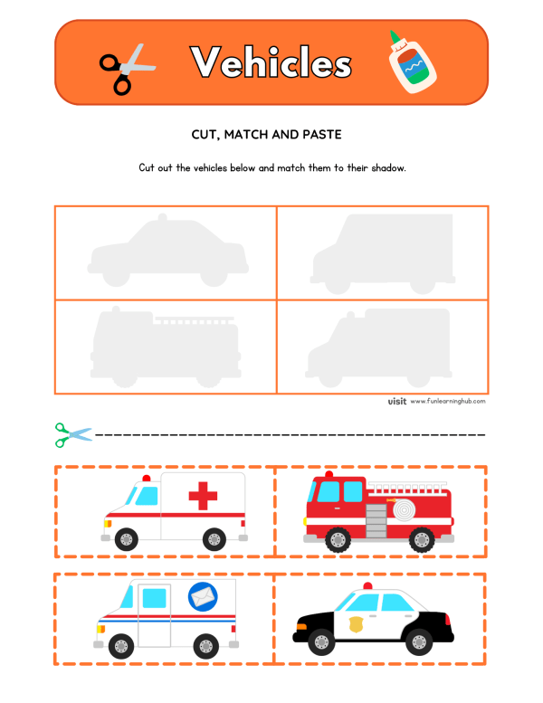Vehicles Cut and Paste Worksheets - Fun Learning Hub