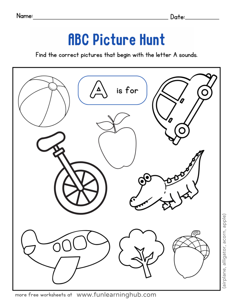 ABC Picture Hunt Letter A Worksheet