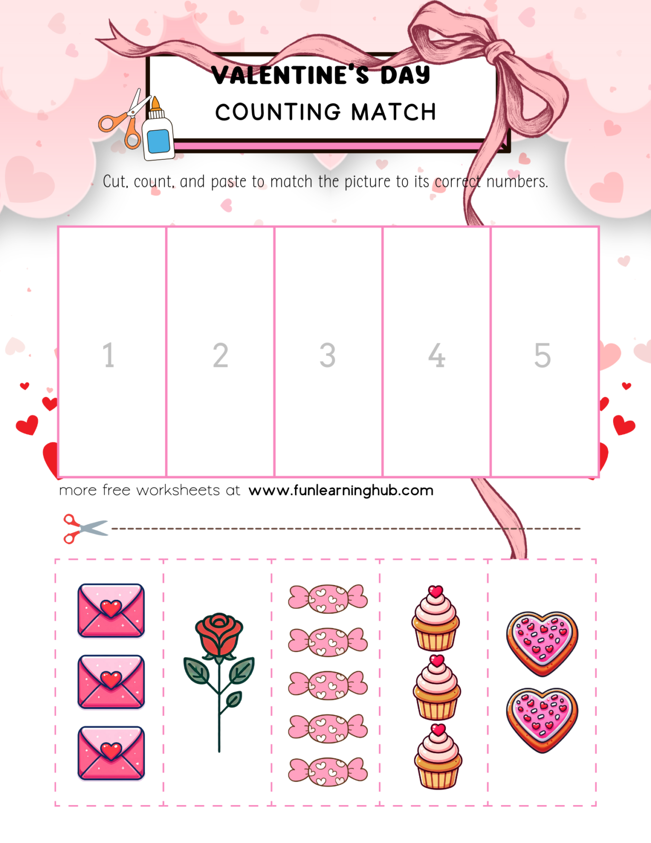 Valentine’s Day Counting Match Worksheet V3 - Fun Learning Hub