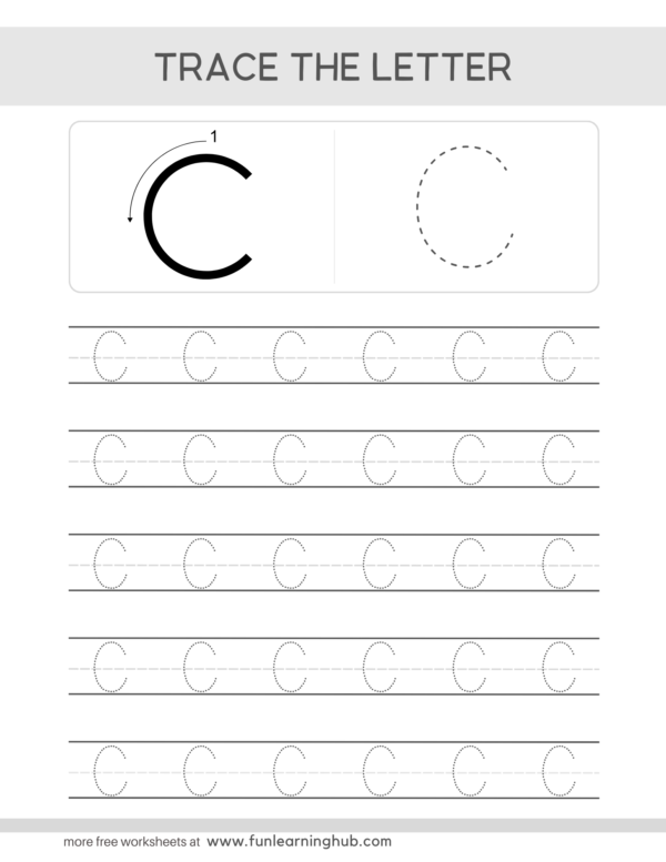 Letter C Tracing Worksheet – Free Uppercase Printable PDF - Fun ...
