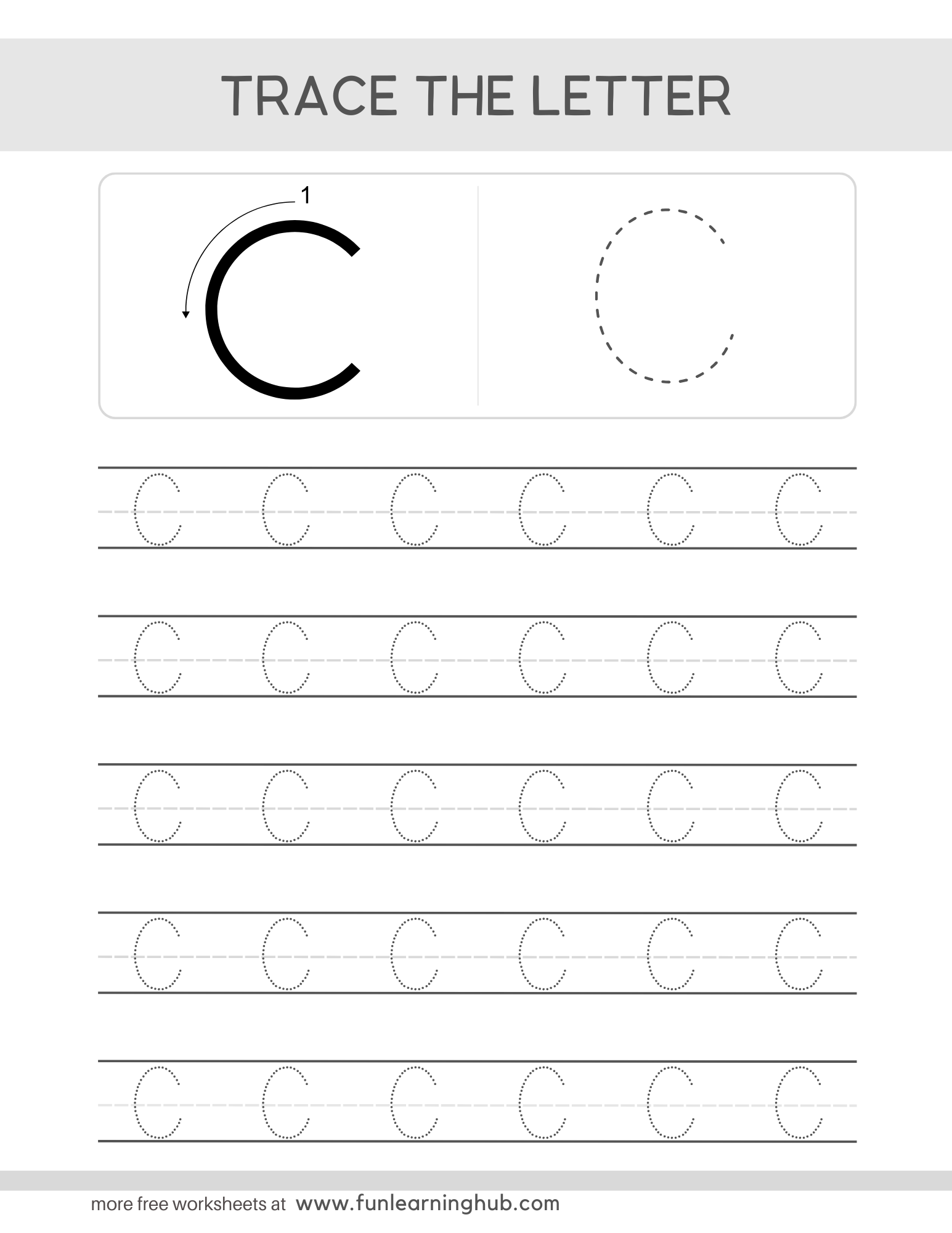Letter C Tracing Worksheet – Free Uppercase Printable PDF - Fun ...