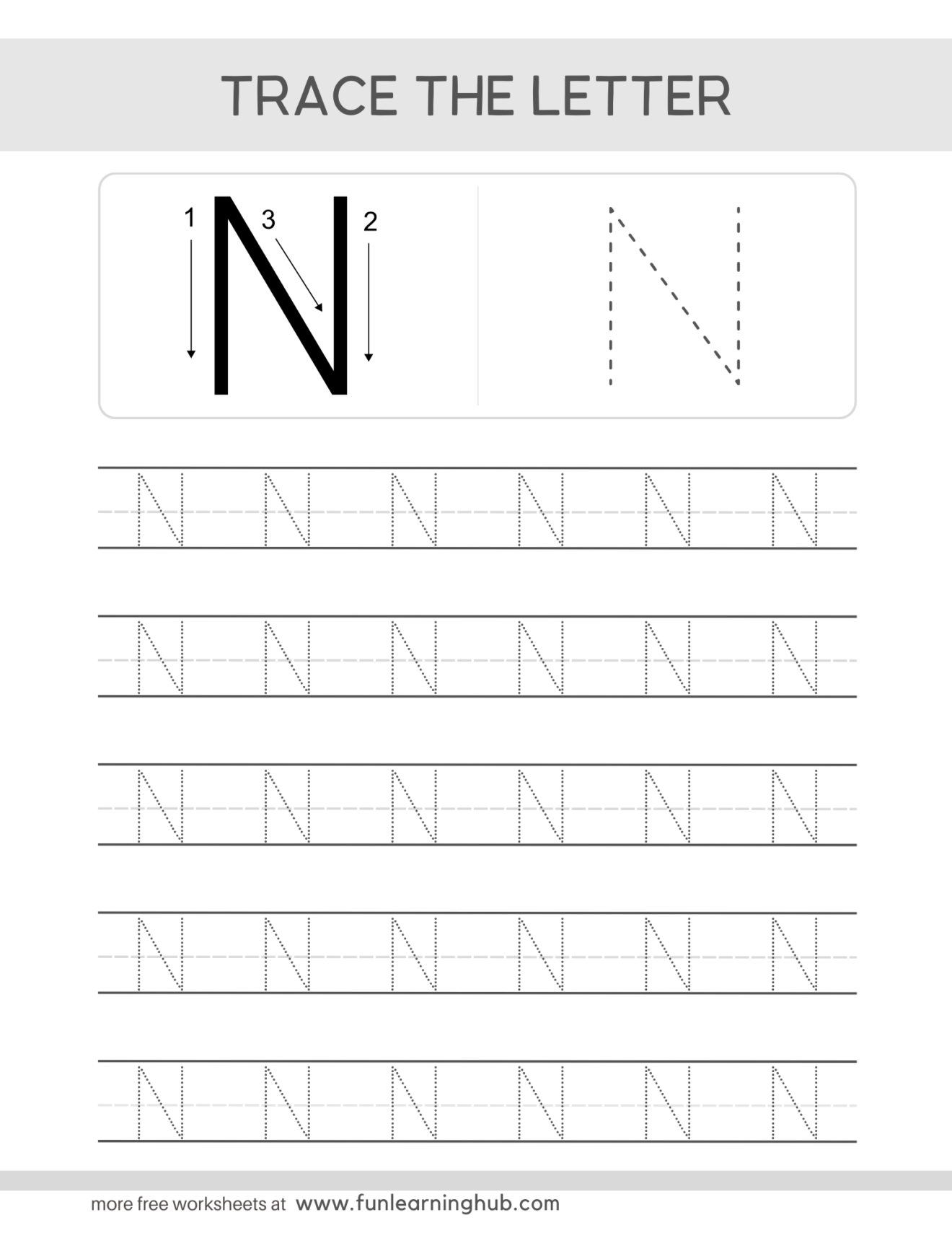 Letter N Tracing Worksheet – Free Uppercase Printable - Fun Learning Hub